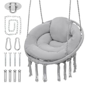 monibloom hanging hammock chair with full cushion, adults indoor hammock swing with max 350 lbs capacity, outdoor macrame hanging chair with boho tassels, home accent furniture chair swing, grey