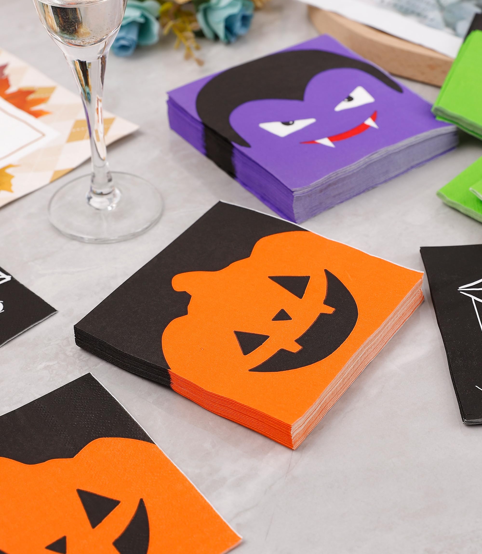 100 PK Halloween Cocktail Napkins - 4 Assorted Designs - 3-Ply Halloween Paper Napkins for Halloween Party Supplies Disposable Party Napkins Ghost Paper Beverage Napkins Bulk Kids Birthday