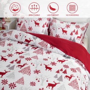 WONGS BEDDING Christmas Duvet Cover Queen, Merry Christmas Elk Snowflake Tree Red Bedding Duvet Covers with Zipper Closure for All Seasons, Red Soft Microfiber Bedding Set Queen 90"×90"