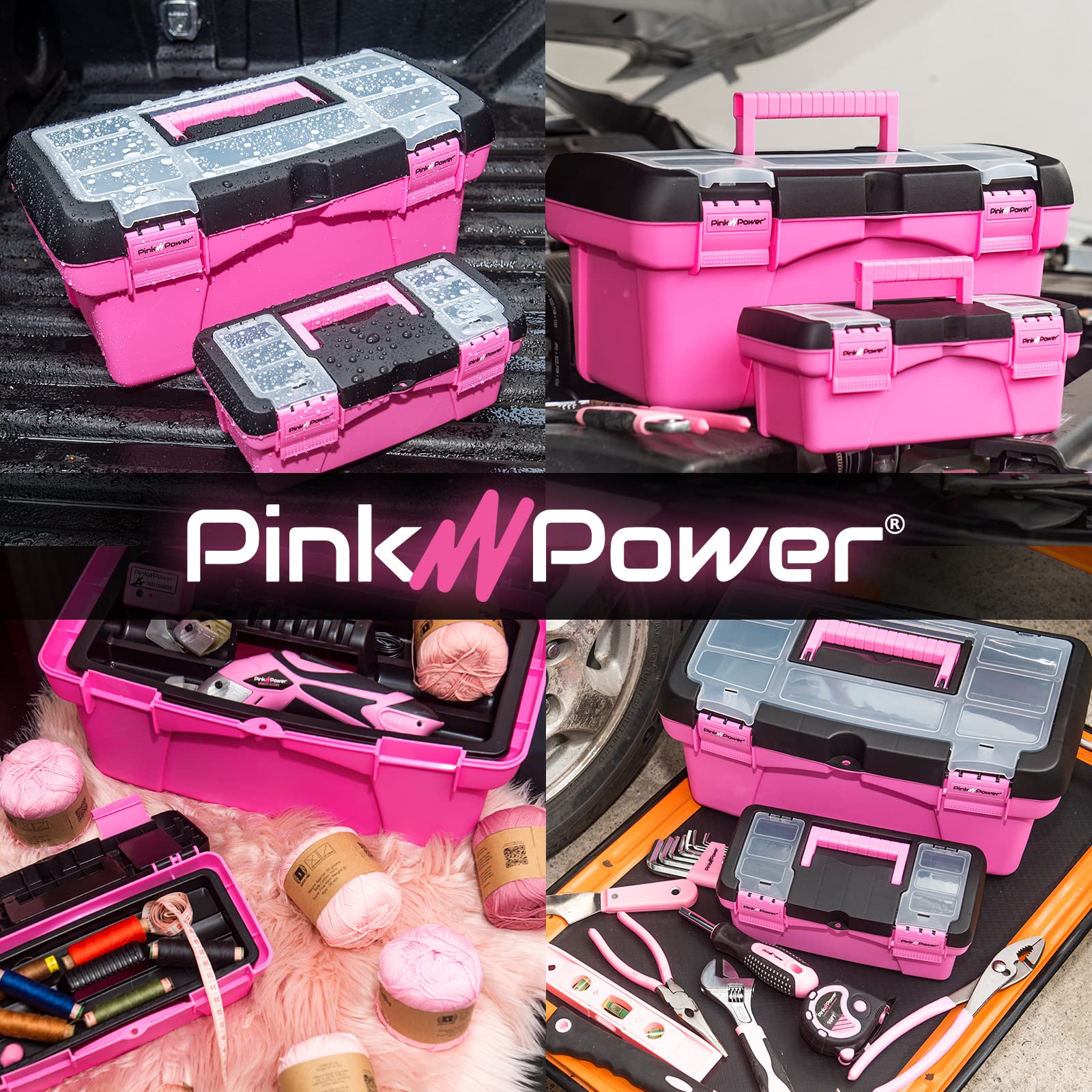 Pink Power Pink Tool Box for Women - Sewing, Art & Craft Organizer Box Small & Large Plastic Tool Box with Handle - Pink Toolbox Sewing Box Tool Storage Box - Portable Mini Locking Tool Boxes (2 Pack)