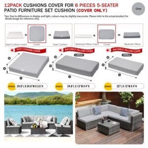 ClawsCover 12 Pack Outdoor Seat and Back Cushions Replacement Covers Fit for 6Pieces 5-Seater Wicker Rattan Patio Furniture Conversation Set Sectional Couch Chairs,Grey-Include Cover Only