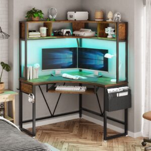 SEDETA Corner Desk, Small Computer Desk with Hutch & LED Lights, Triangle Corner Computer Desk with Keyboard Tray, Storage Bag, and Headphone Hook for Small Space, Small Office Desk, Rustic Brown