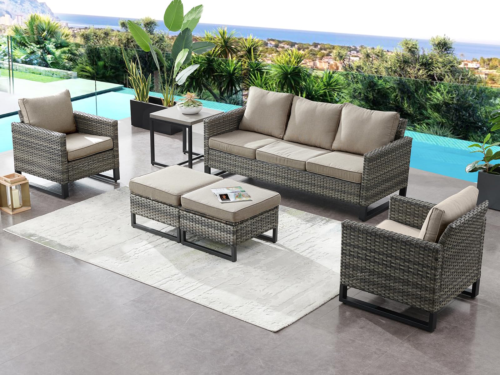 HUMMUH 6 Piece Patio Furniture Outdoor Sectional Sofa Set All-Weather Wicker Outdoor Chairs with End Table Ottomans for Patio,Porch,Garden,Backyard