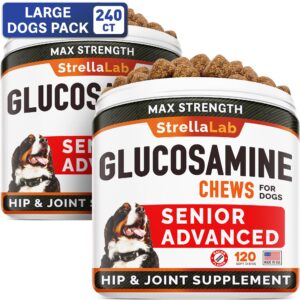 senior advanced glucosamine joint supplement for dogs - hip & joint pain relief - small + large breeds -omega-3 fish oil - chondroitin, msm- mobility soft chews for older dogs - bacon flavor - 240ct