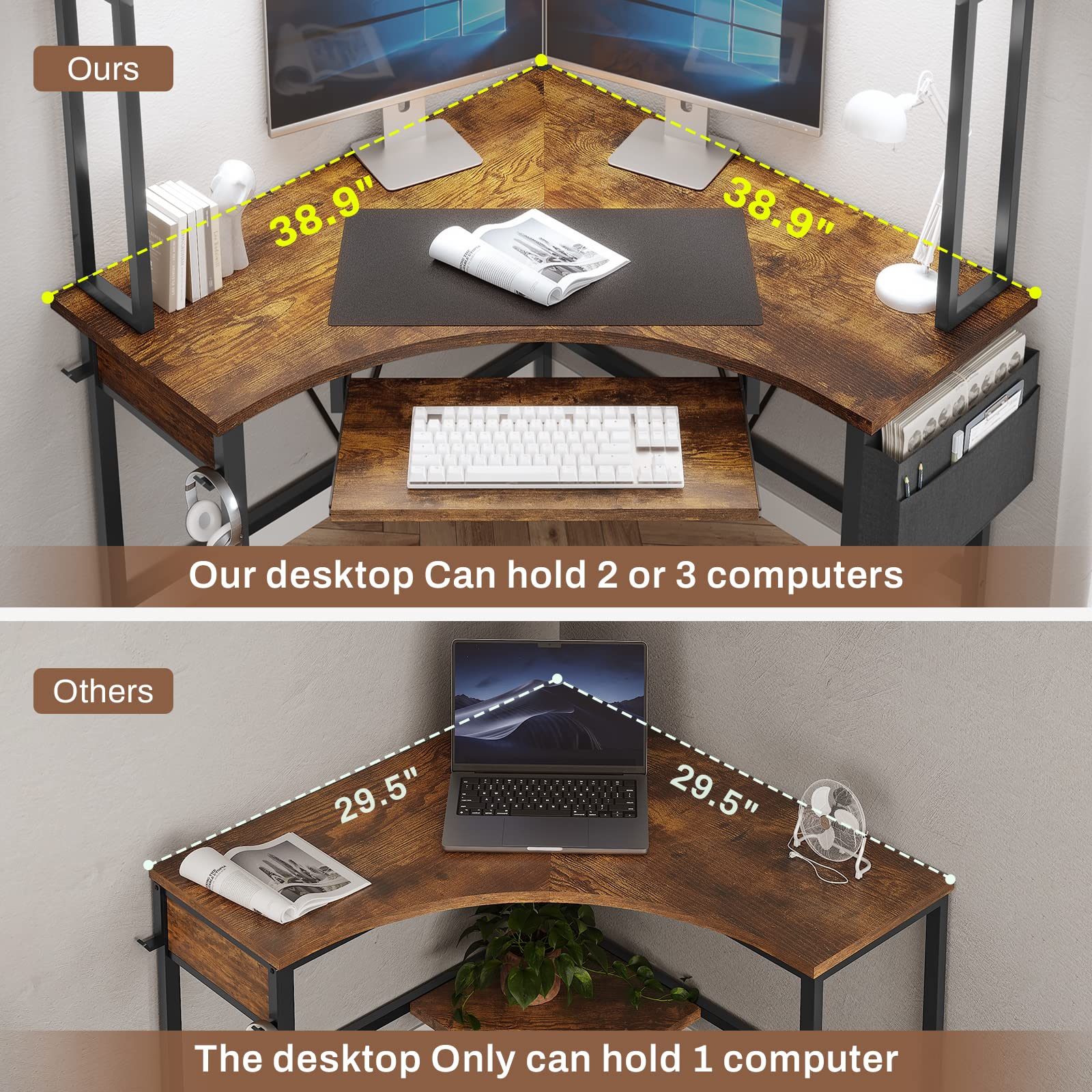 SEDETA Corner Desk, Small Computer Desk with Hutch & LED Lights, Triangle Corner Computer Desk with Keyboard Tray, Storage Bag, and Headphone Hook for Small Space, Small Office Desk, Rustic Brown