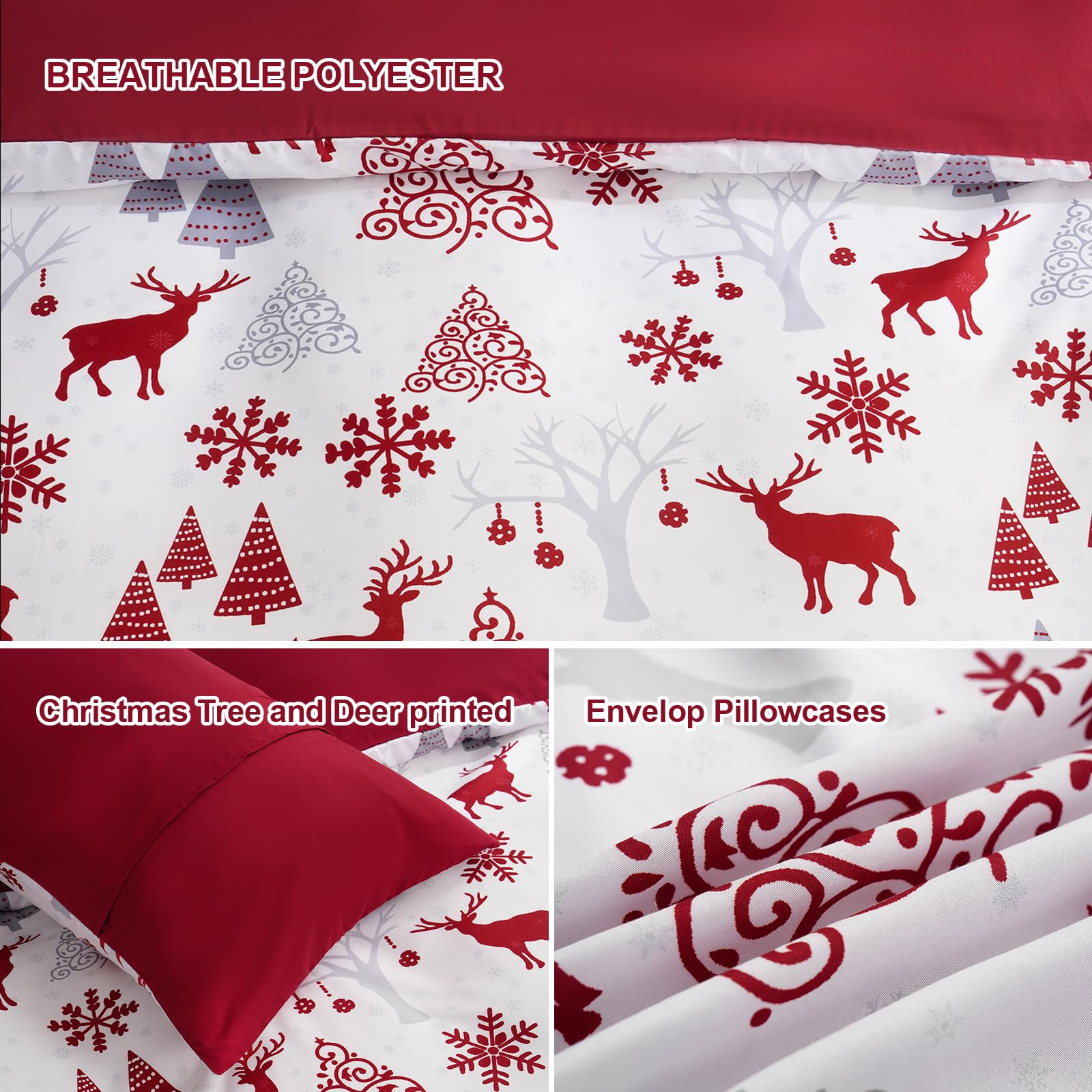 WONGS BEDDING Christmas Duvet Cover Queen, Merry Christmas Elk Snowflake Tree Red Bedding Duvet Covers with Zipper Closure for All Seasons, Red Soft Microfiber Bedding Set Queen 90"×90"