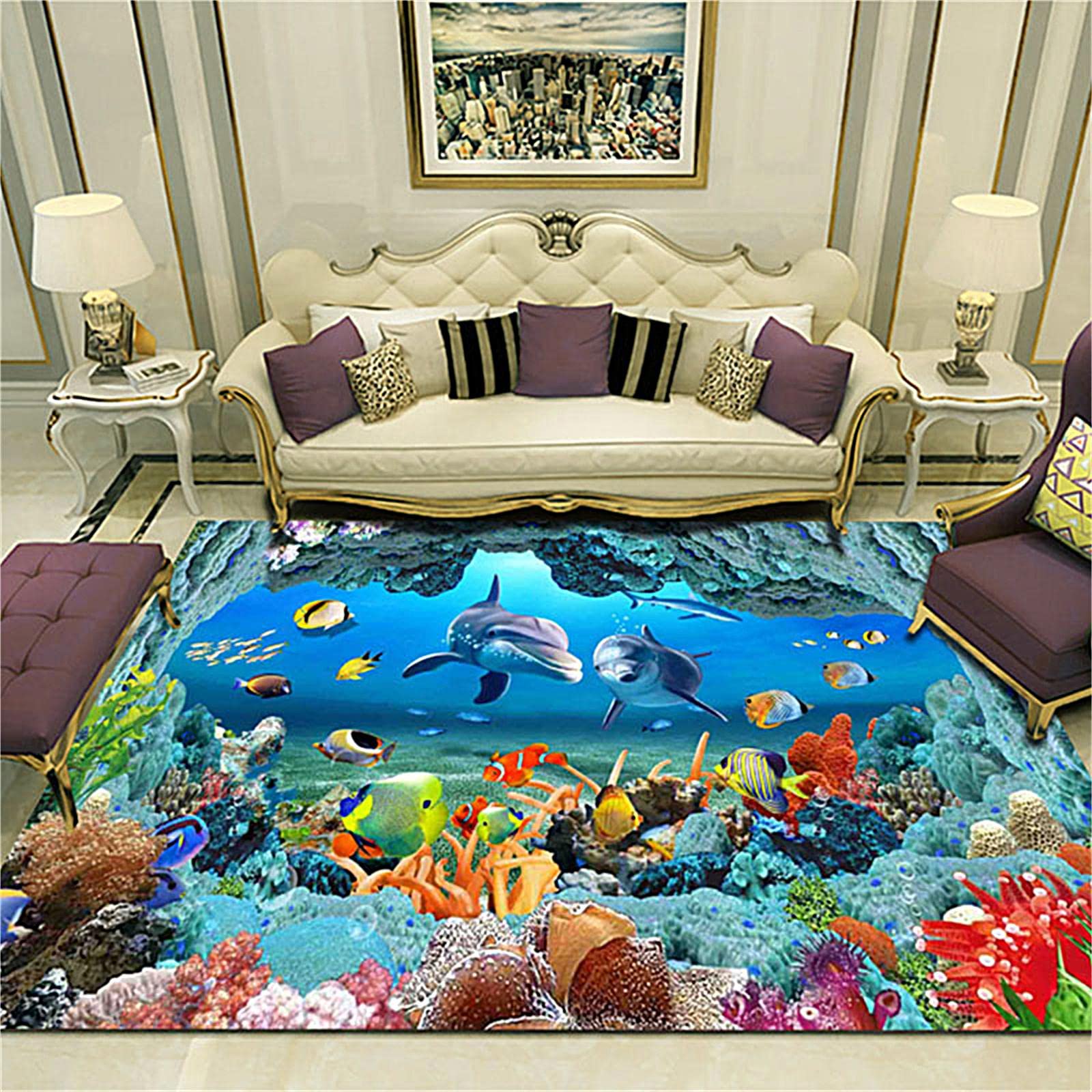 Underwater World Print Area Rug, 4x6ft, Dolphin Fish School Coral Reef 3D Carpet Modern Art Ocean Theme Floor Mats for Living Room Children's Bedroom Dorm Office Home Decor