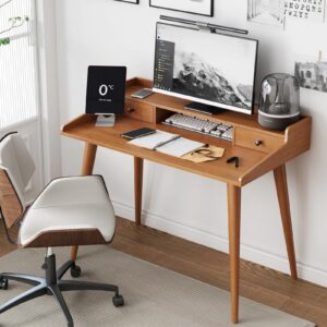 ucerna mid century modern desk, 41" wood home office writing computer or laptop desk with monitor stand riser and open storage cubby, vanity desk with 2 drawers