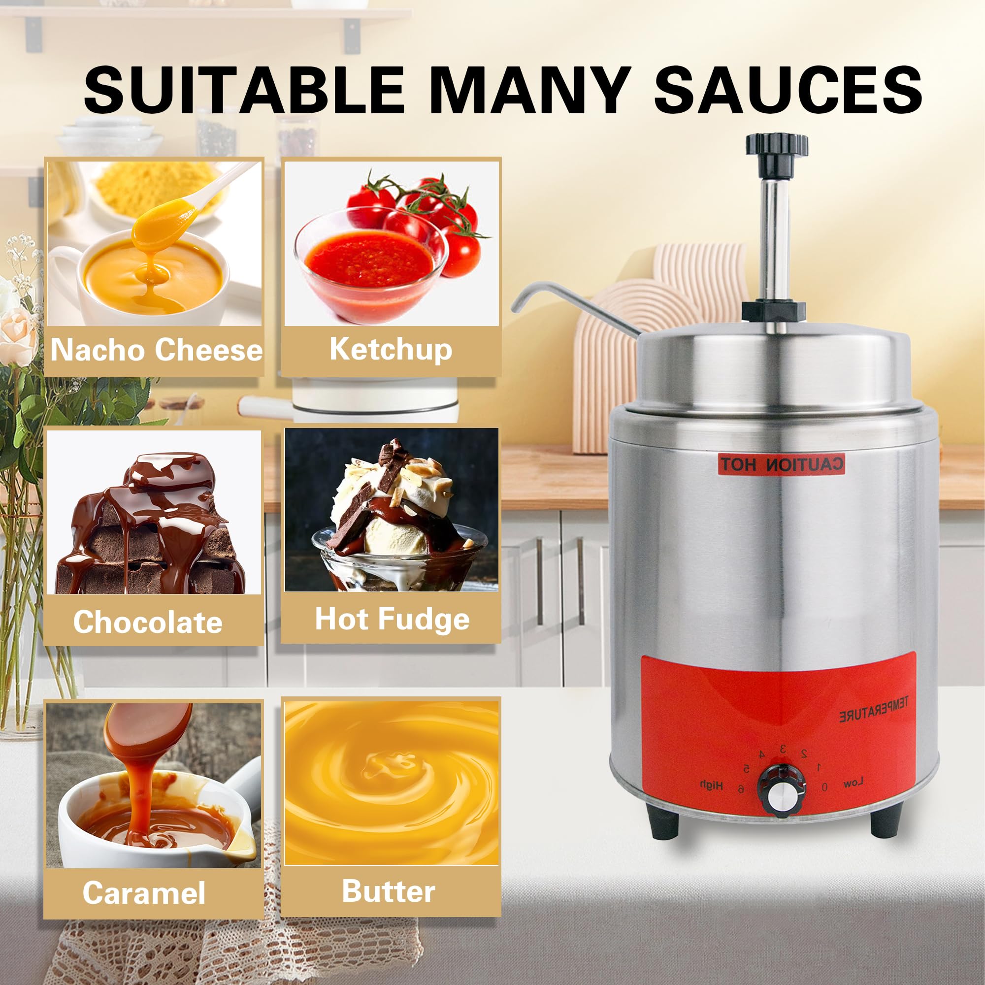 Hakka Nacho Cheese Dispenser with Pump, 3.5 Qt Electric Cheese Warmer Hot Fudge Dispenser Commercial Sauce Warmer Stainless Steel Hot Topping Warmer for Fudge/Cheese/Caramel, Includes Insert Pot