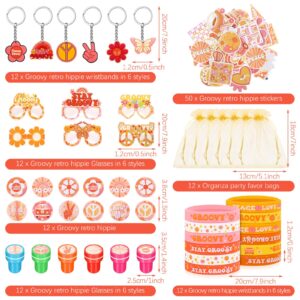 Sasylvia 122 Pcs Groovy Party Favors Retro Hippie Party Gifts Set Silicone Wristbands Keychains Badges Glasses Stickers Boho Stampers Gift Bags for Groovy Birthday Baby Shower Class Reward Supplies