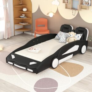 p purlove twin size race car-shaped platform bed with decorative wheels and slat,montessori floor bed frame for kids,girls,boys,black