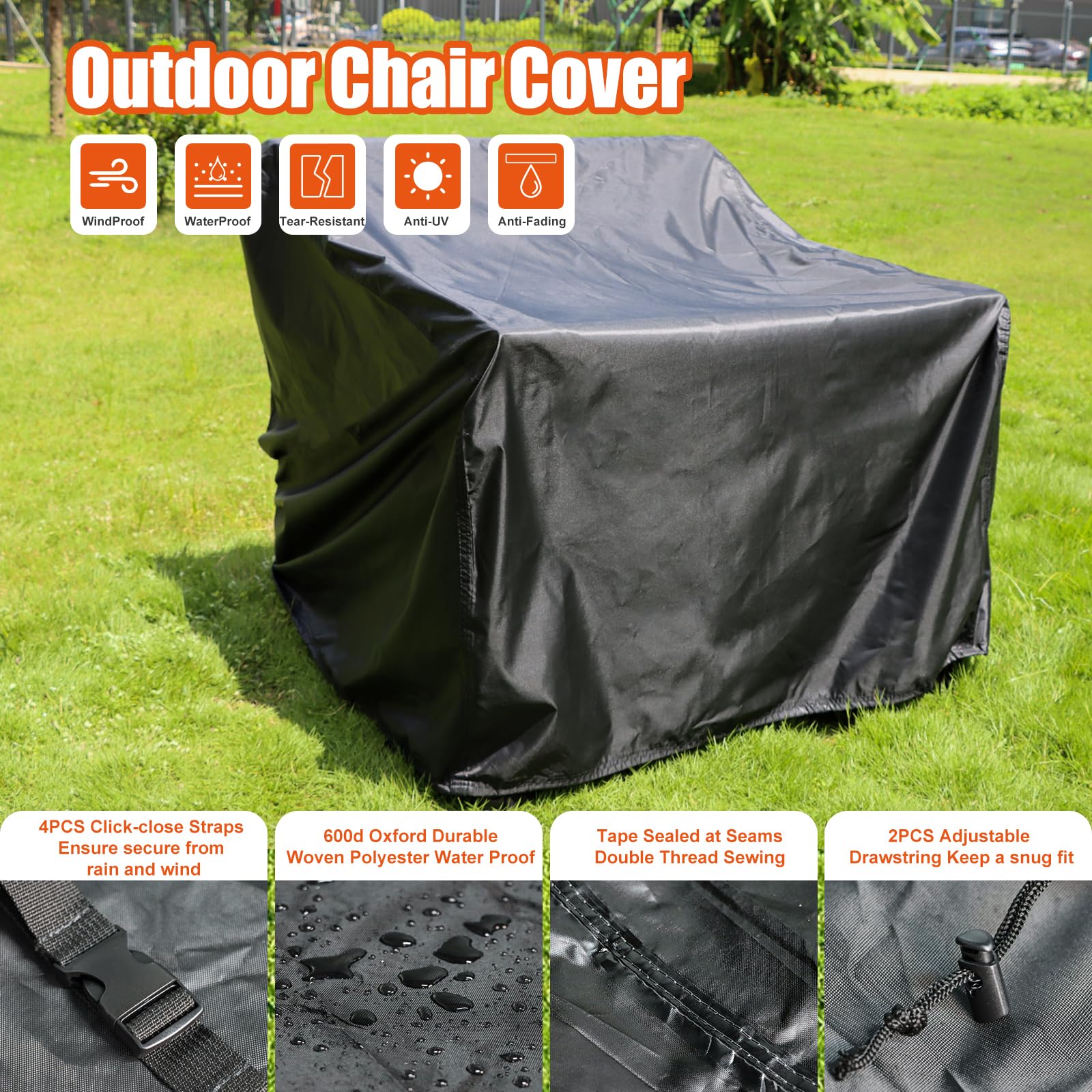 Likorlove Patio Chair Covers for Outdoor Furniture Waterproof, 40" W×40" D×36" H Windproof Lawn Chair Covers 600D Heavy Duty Oxford Cloth, Large Covers for Lounge Lawn Deep Seat, Black (2 Pack)