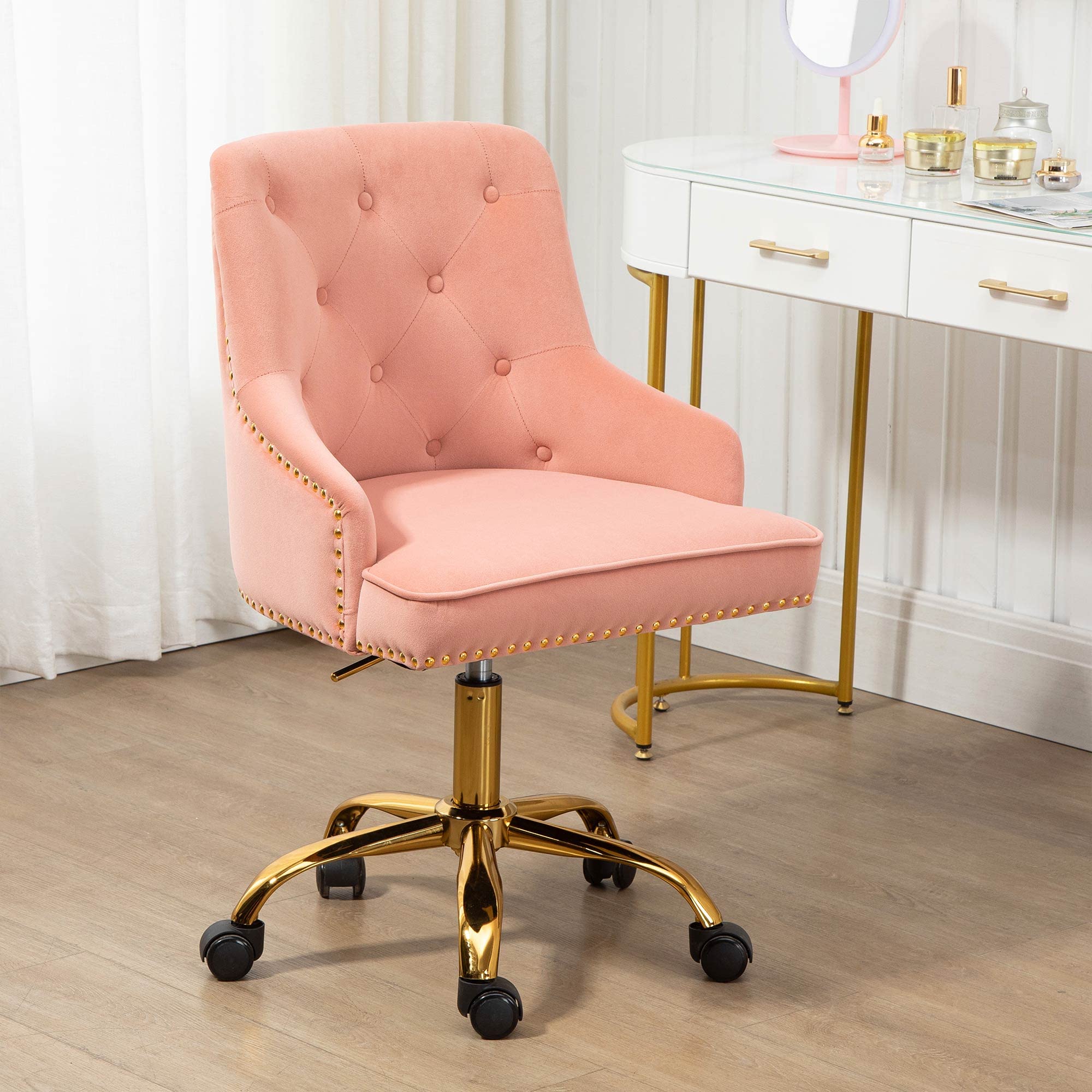 LOVSPATIO Velvet Home Office Chair,Swivel Adjustable Accent Vanity Chair with Golden Legs and Arms Nailhead Trim for Bedroom Living Room Office (Pink)