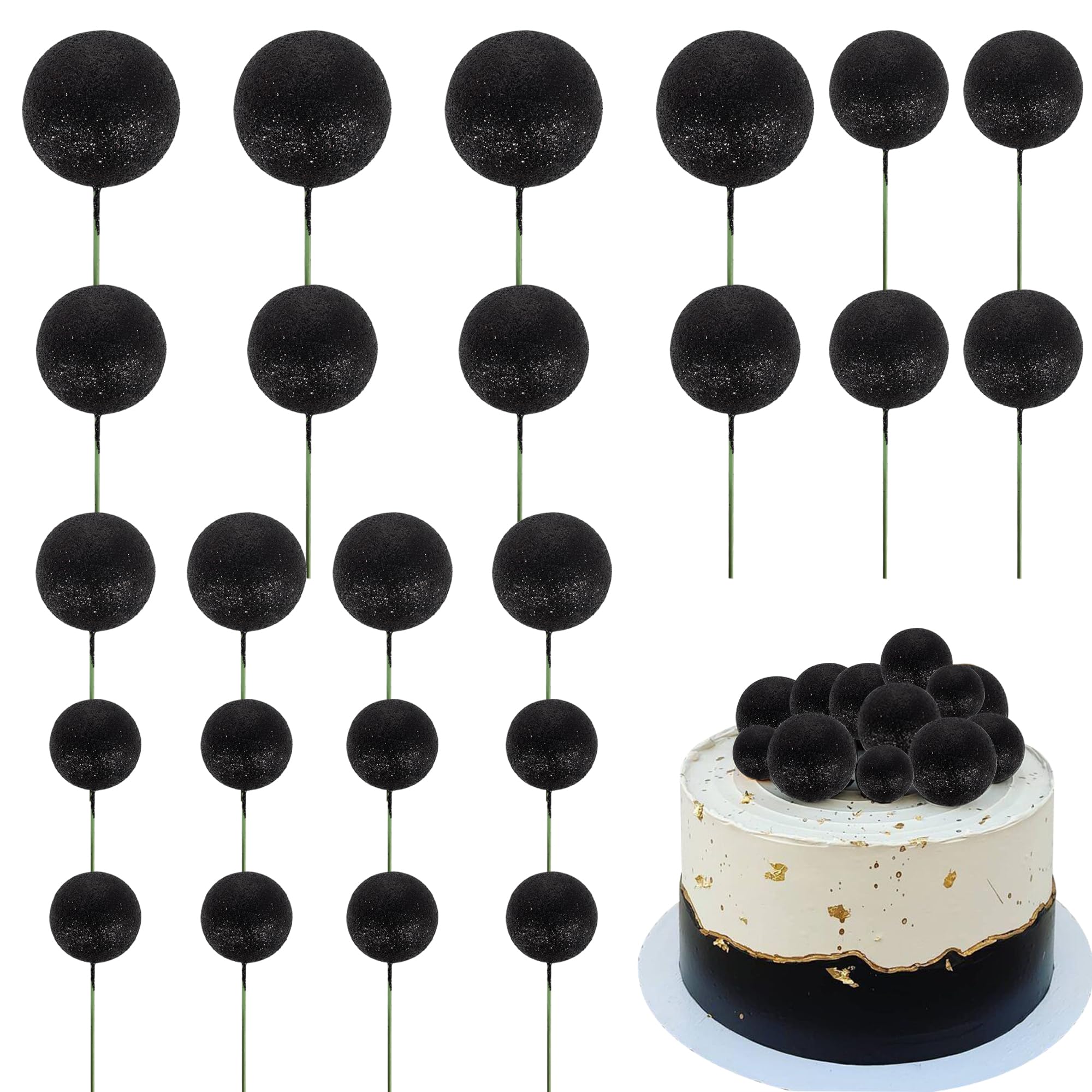 24 PCS Balls Cake Toppers Glitter Ball Cake Picks Foam Ball Shaped Cupcake Toppers Mini Balloons Baby Shower Cake Decorations for Wedding Enaggement Bridal Shower Birthday Party Supplies Black