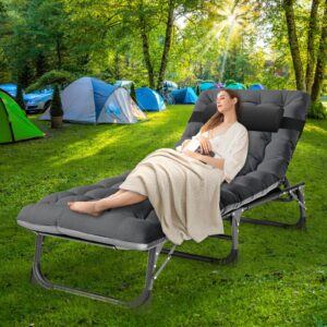 Barbella Folding Lounge Chair with Mattress, 4 Position Adjustable Folding Sleeping Bed Cot Patio Chaise Lounge Chairs Perfect for Sunbathing, Camping, Pool, Beach, Patio