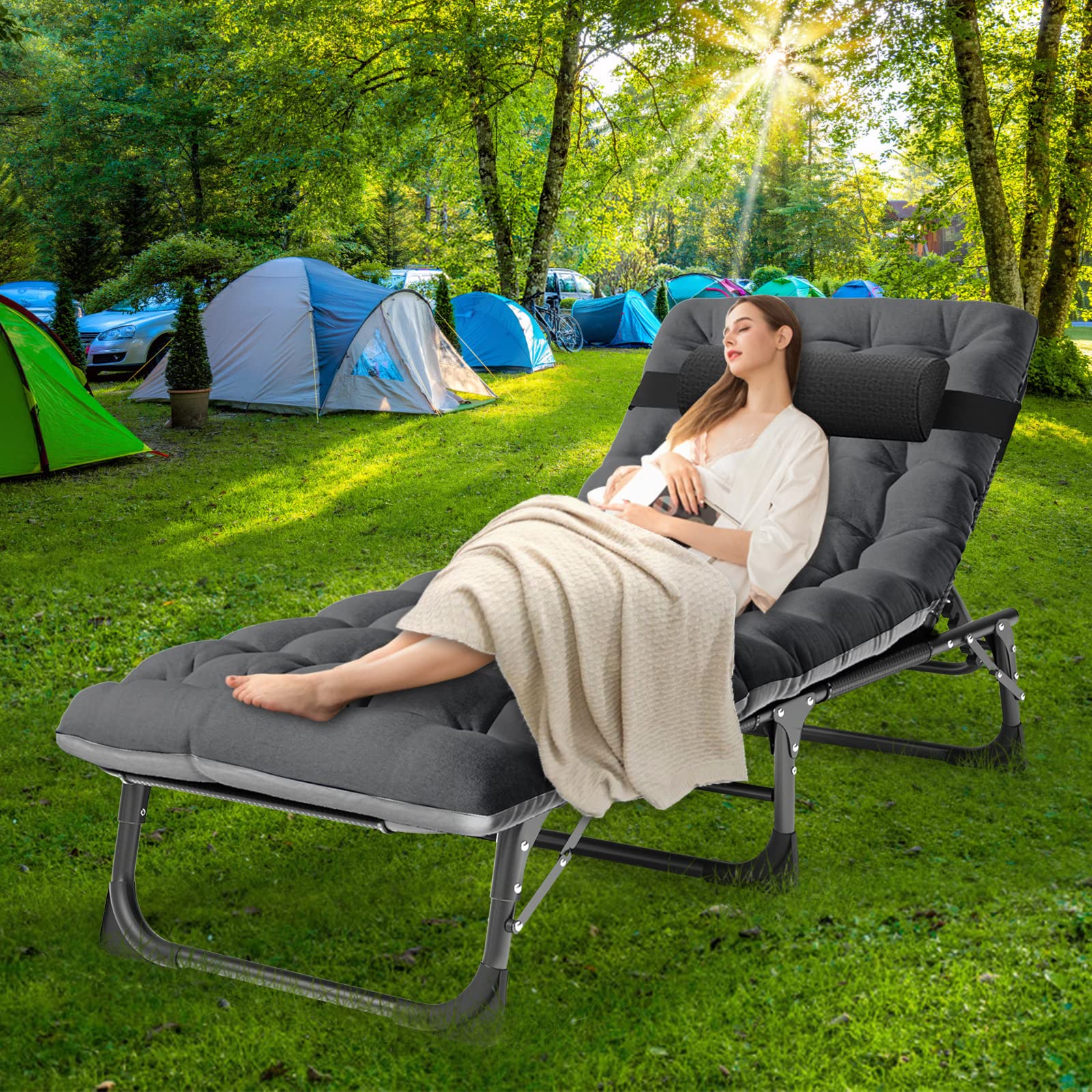 Barbella Folding Lounge Chair with Mattress, 4 Position Adjustable Folding Sleeping Bed Cot Patio Chaise Lounge Chairs Perfect for Sunbathing, Camping, Pool, Beach, Patio