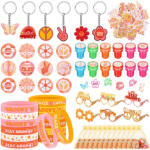 sasylvia 122 pcs groovy party favors retro hippie party gifts set silicone wristbands keychains badges glasses stickers boho stampers gift bags for groovy birthday baby shower class reward supplies