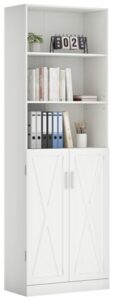 loomie industrial boolshelf with door, 6 tier farmhouse book shelf with adjustable shelves,70" tall display etagere bookcase,floor standing unit book case furniture for home office,living room (white)