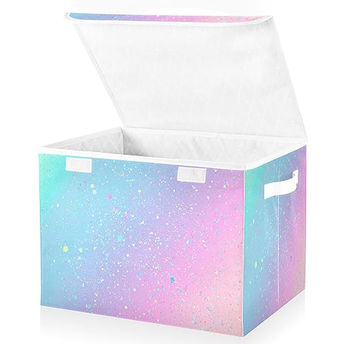 Large Collapsible Storage Bins with Lids, Unicorn Background with Rainbow Storage Baskets Organizer Containers with Handles for Nursery Clothes Toys