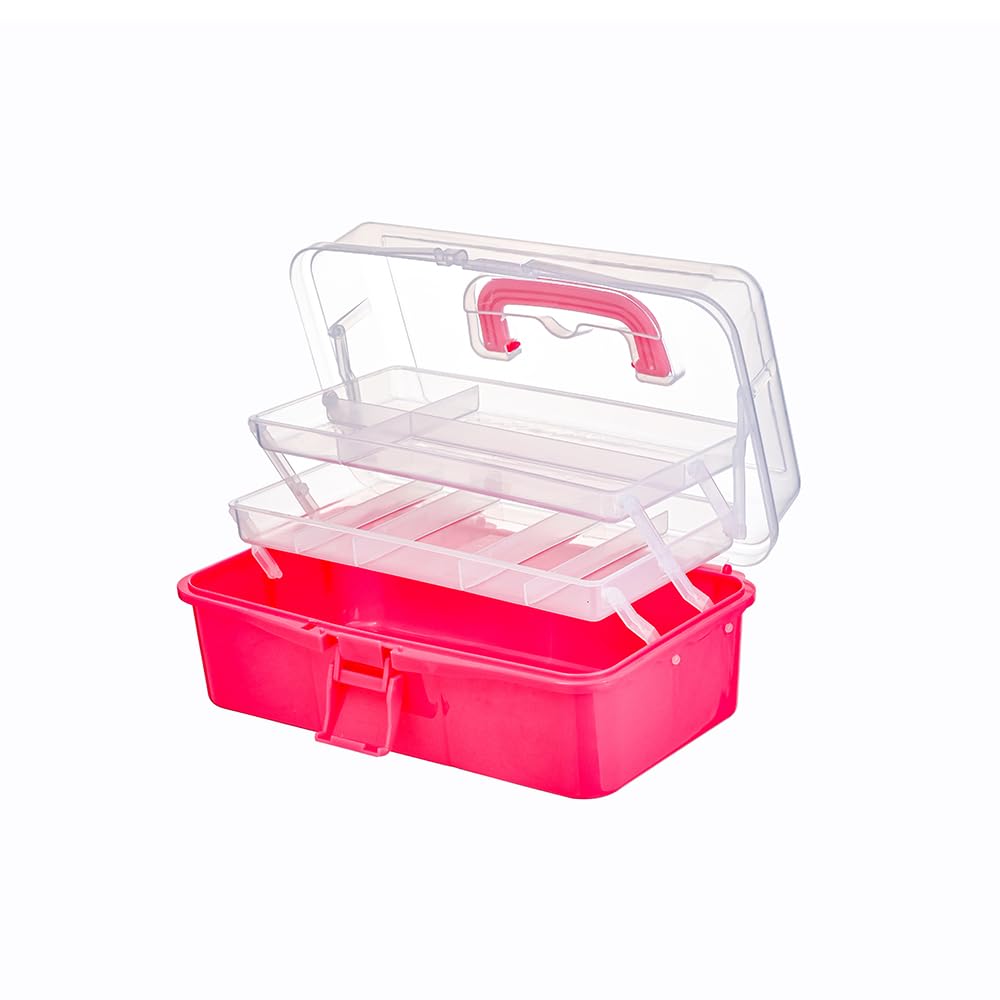 BangQiao 2-Tier Trays Clear Rose Red Plastic Storage Container Organizer Box, Multipurpose Portable Carrying Case with Latch Lock and Handle for Art, Craft, Sewing Supplies, First Aid, Makeup