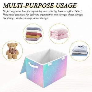 Large Collapsible Storage Bins with Lids, Unicorn Background with Rainbow Storage Baskets Organizer Containers with Handles for Nursery Clothes Toys