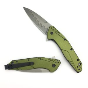 flipper assisted opening pocket knife, 3.15 inch composite steel blade, liner lock mechanism, olive green aluminum handle, dividend folding knife with pocket clip for camping