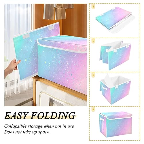 Large Collapsible Storage Bins with Lids, Unicorn Background with Rainbow Storage Baskets Organizer Containers with Handles for Nursery Clothes Toys