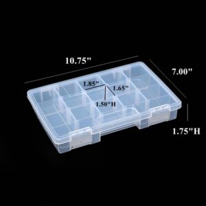 BangQiao 4 Pack Clear Plastic Storage Organizer Box with 15 Adjustable Dividers and 3 Fixed Sections, Portable Carrying Case with Handle and Hinged Lid for Art, Craft Supplies, Small Parts, Tackle