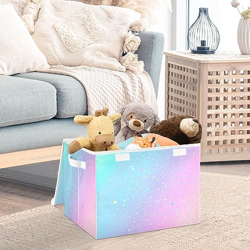 Large Collapsible Storage Bins with Lids, Unicorn Background with Rainbow Storage Baskets Organizer Containers with Handles for Nursery Clothes Toys