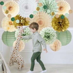 Sage Party Decorations Sage Green and Gold Paper Pom Poms Paper Fans Lanterns Sage Gold Glitter Dots Hanging Party Garland for Sage Birthday Wedding Bridal Shower Graduation Party Decor