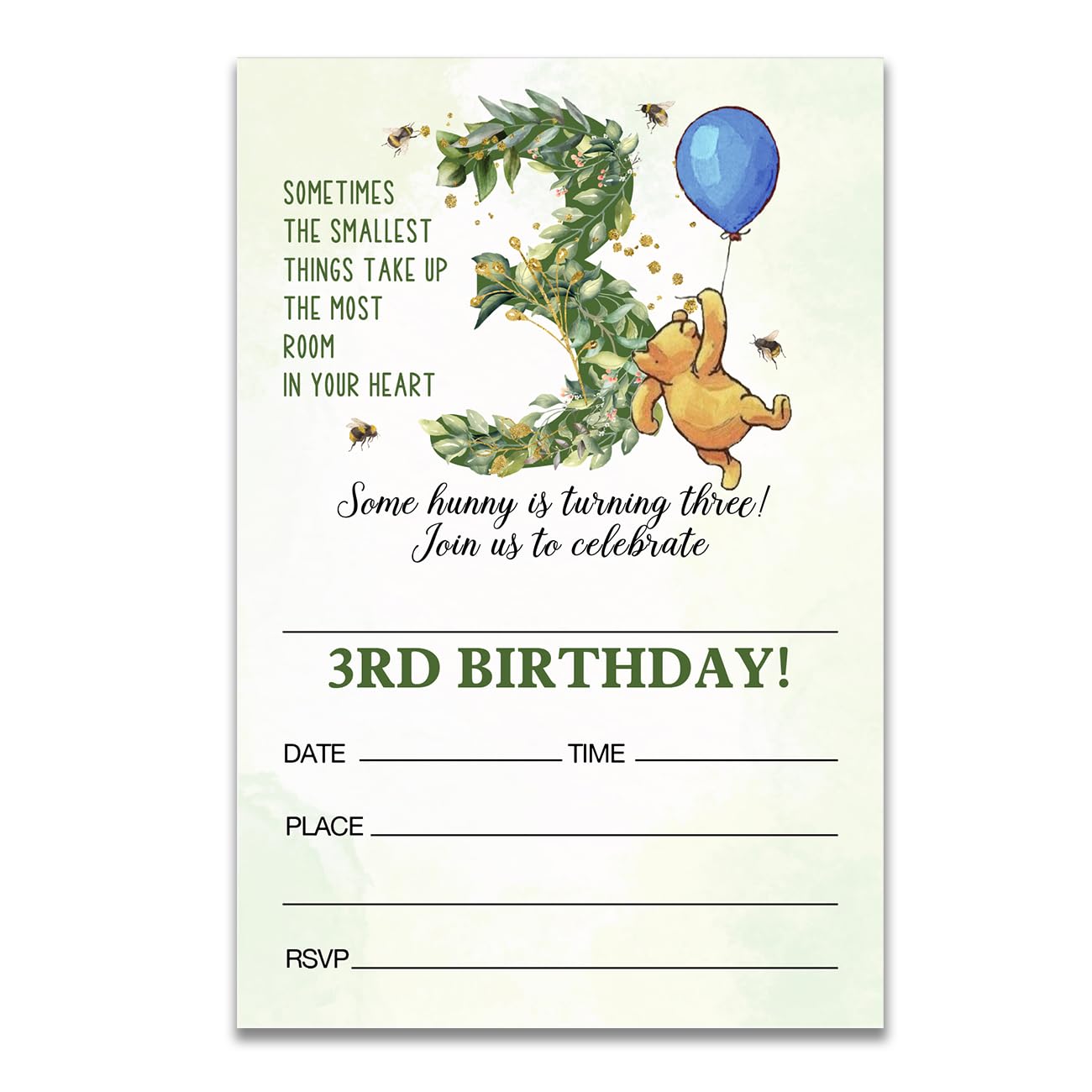 Dolimifa Winnie the Pooh 3rd Birthday Invitations Fill in Style Greenery Winnie the Pooh Blue Balloon Little Hunny Bear Winnie Third Birthday Invites for 3 Year Old, 20 Count With Envelopes