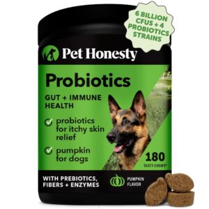 pet honesty probiotics for dogs - digestive enzymes promotes gut health, dog probiotics for diarrhea & bowel support, immunity health & itch relief, prebiotics and probiotics (pumpkin 180 ct)