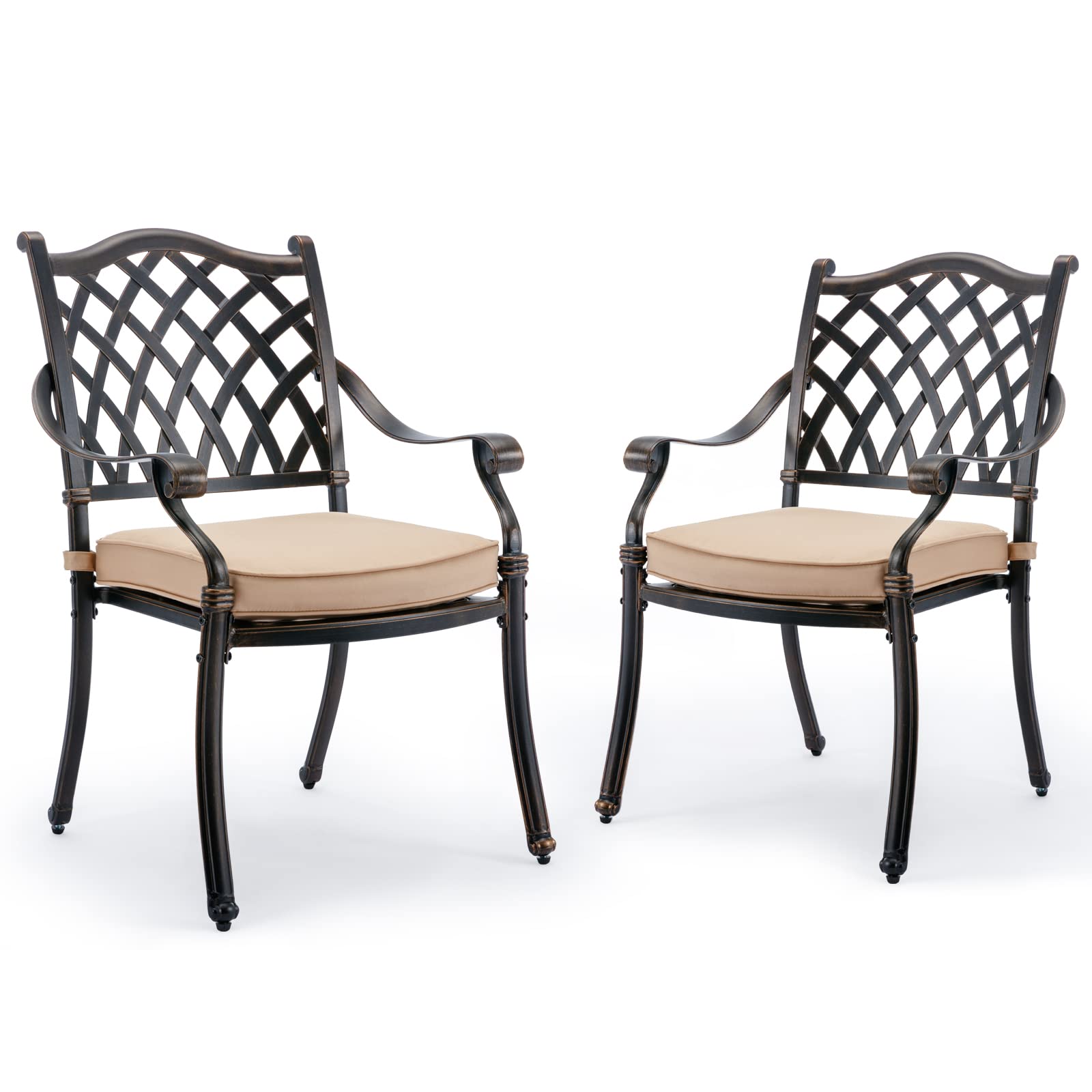 2 Pcs Outdoor Cast Aluminium Dining Chairs Set - All Weather Patio Chairs with Removable Cushions, Antique Brass Patio Chairs with Armrests Backrests for Bistro, Restaurant, Garden, Backyard