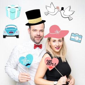 52PCS Wedding Photo Booth Props with Stick Bridal Shower Photo Booth Props Funny Photo Props, Wedding Party Supplies for Bride Groom, Bachelorette Wedding Party Decorations for Men Women Selfie Props