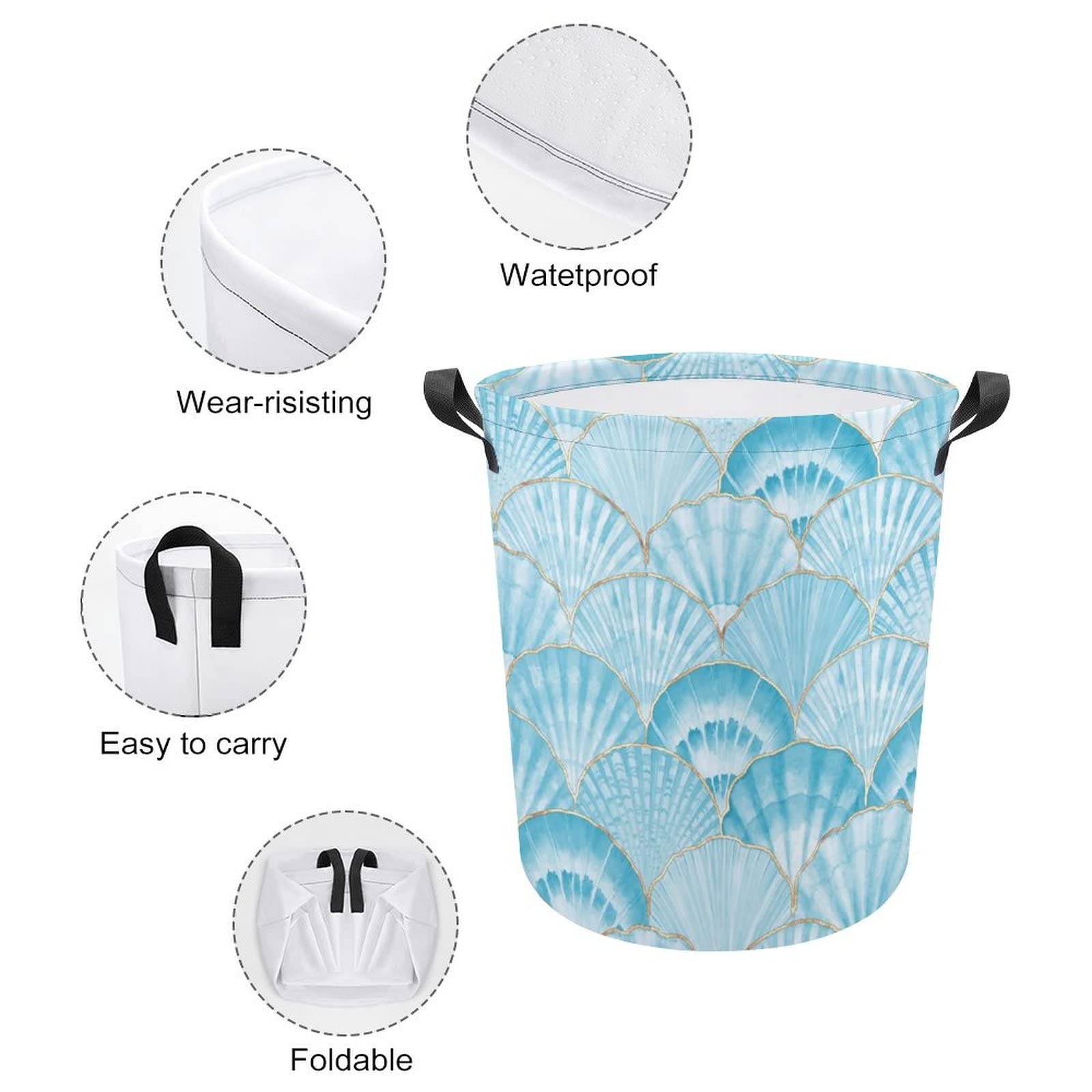 MEIKKO Laundry Basket Small Ocean Seashell Waterproof Laundry Hamper with Handles Collapsible Clothes Hamper for Dorm,Family,Travel