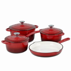 basque enameled cast iron cookware set (rouge red), 7-piece set, nonstick, oversized handles, oven safe; 10.25" skillet, 2qt saucepan, 2.25qt small dutch oven, 4.75qt large dutch oven