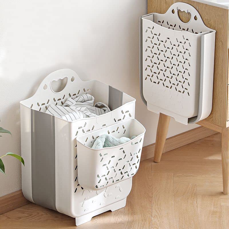 Earssa 2PCS Hanging Laundry Basket with Carry Handle, Foldable Plastic Laundry Hamper, Wall Hanging Storage Basket, Dirty Clothes Storage Bin Multi-function Storage Container (White,Small)