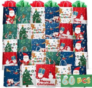 kidtion christmas gift bags 60 pcs, durable christmas bags with tissue paper, 6 styles gift bags bulk with handles, reusable small gift bags xmas paper bags, party favors holiday gift bags