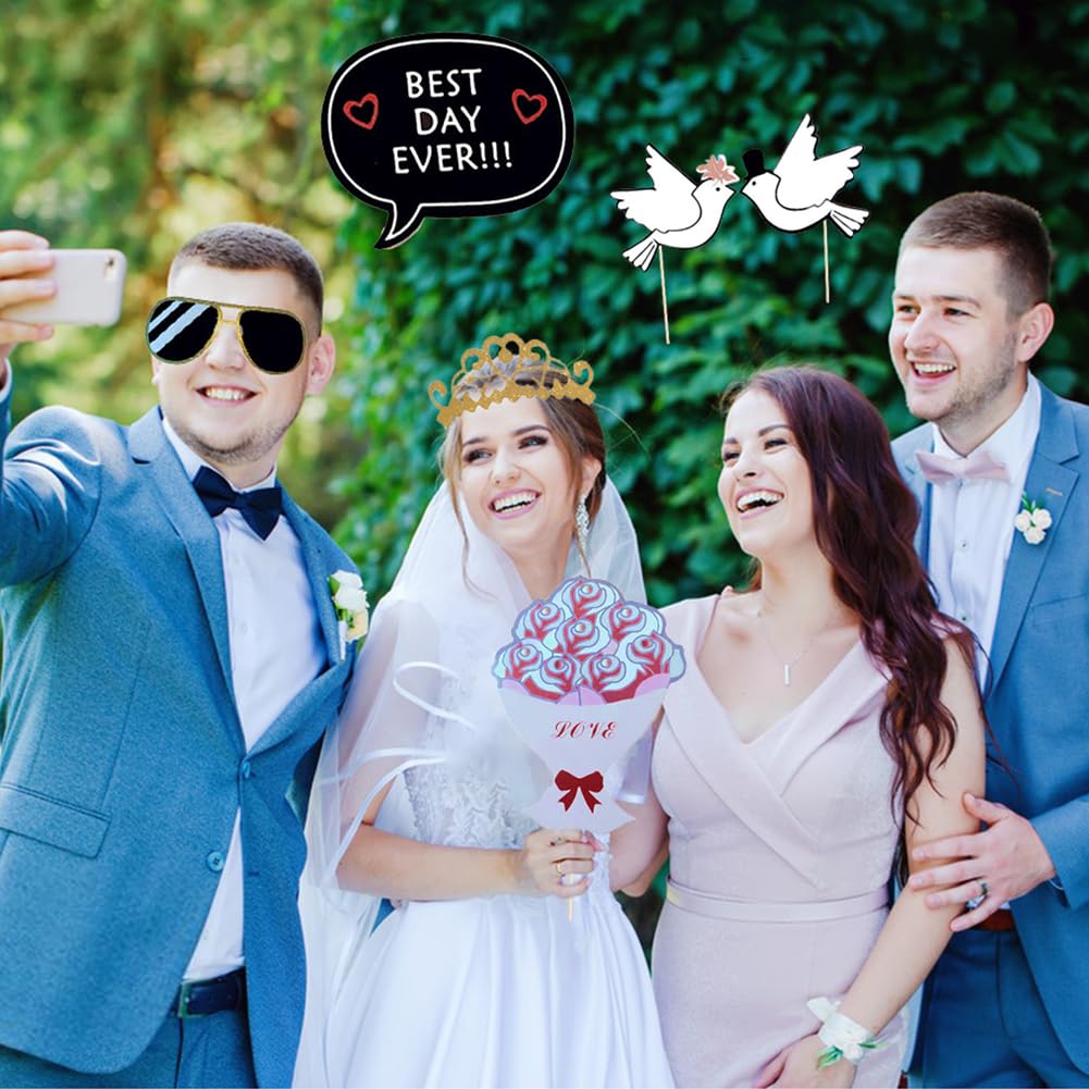 52PCS Wedding Photo Booth Props with Stick Bridal Shower Photo Booth Props Funny Photo Props, Wedding Party Supplies for Bride Groom, Bachelorette Wedding Party Decorations for Men Women Selfie Props