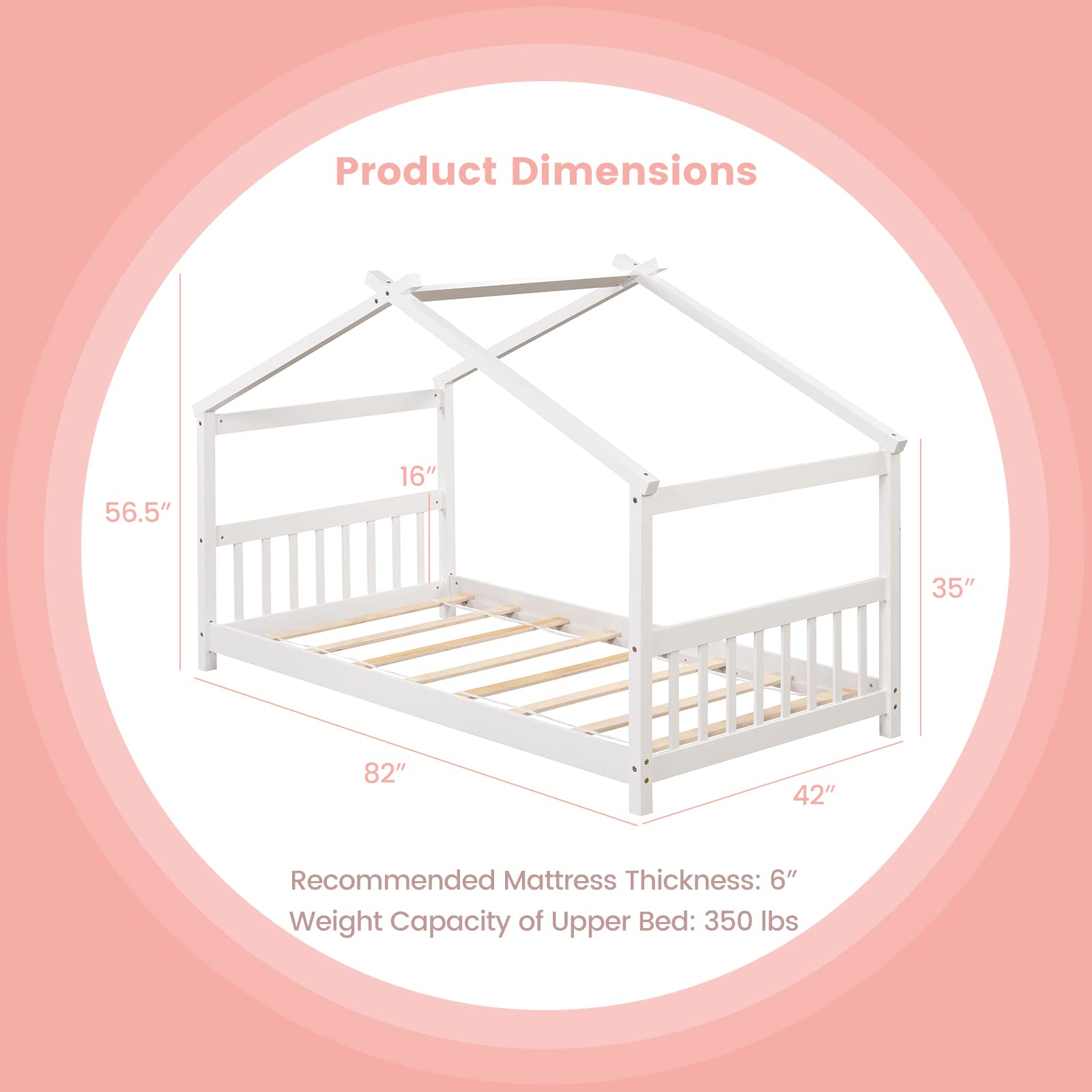 Giantex House Bed Twin, Solid Wood Kids House Bed with Roof, Headboard and Footboard, Low Floor Twin Bed Frame for Toddlers Teens Girls Boys, No Box Spring Needed, White