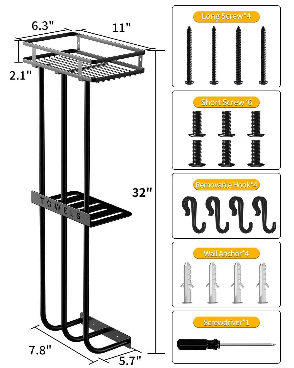 Towel Racks with Metal Storage Shelves Shelf for Rolled Towels, 3 Bar Towel Storage for Bathroom Wall Mounted, Towel Organizer for Folded Large Towel Washcloths, Bath Towel Holder Shelf with 4 Hooks