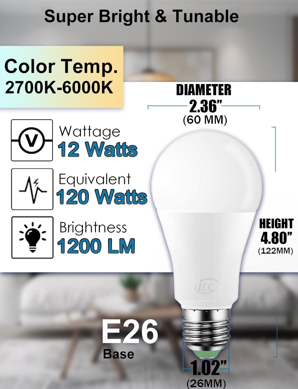 ILC Alexa Light Bulbs, 12W, Smart Light Bulb Work with Alexa Required Echo Device, 2700K-6000K Warm White to Daylight Turnable, A19 E26 No Hub Required (6 Packs)