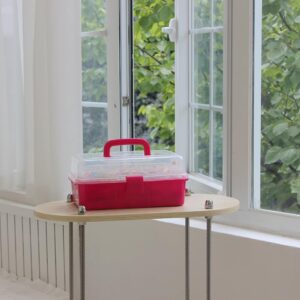 BangQiao 2-Tier Trays Clear Rose Red Plastic Storage Container Organizer Box, Multipurpose Portable Carrying Case with Latch Lock and Handle for Art, Craft, Sewing Supplies, First Aid, Makeup