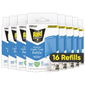 raid essentials flying insect light trap refills, 16 light trap refill cartridges, featuring light powered attraction