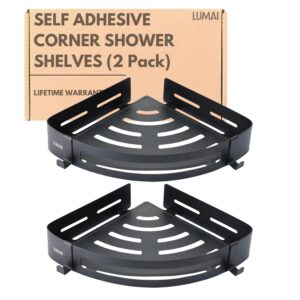 lumai self adhesive corner shower shelves for tile walls: black shelves for bathroom wall, adhesive corner shelves for shower, floating corner shelves wall mounted, shower corner shelves (value pack)