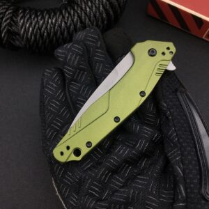 Flipper Assisted Opening Pocket Knife, 3.15 inch Composite Steel Blade, Liner Lock Mechanism, Olive Green Aluminum Handle, Dividend Folding Knife with Pocket Clip for Camping