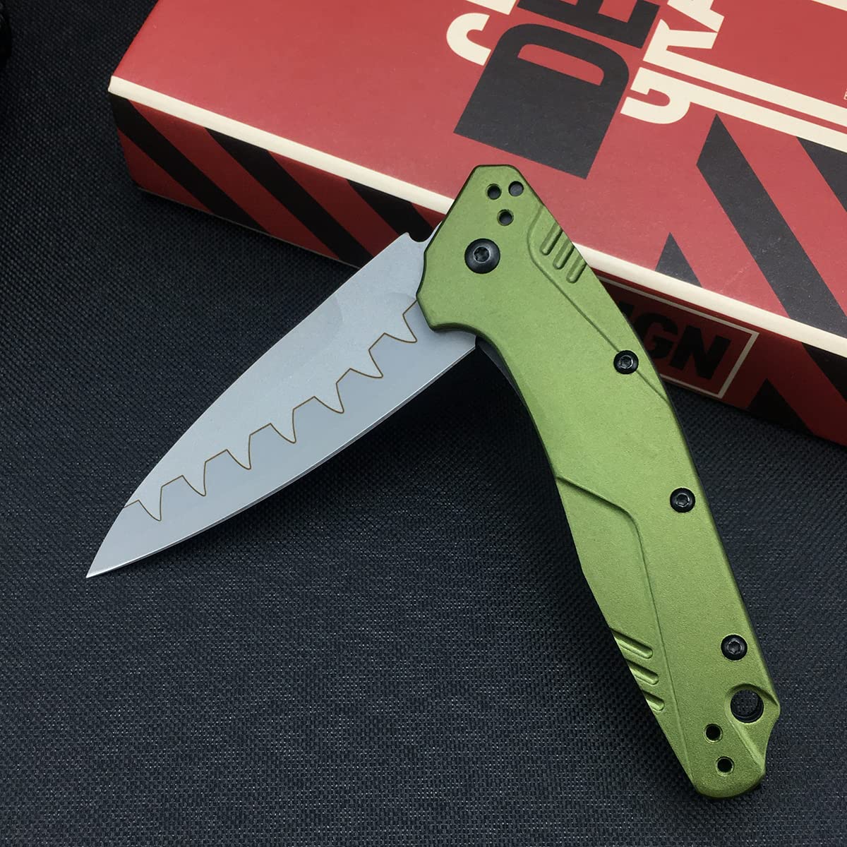 Flipper Assisted Opening Pocket Knife, 3.15 inch Composite Steel Blade, Liner Lock Mechanism, Olive Green Aluminum Handle, Dividend Folding Knife with Pocket Clip for Camping