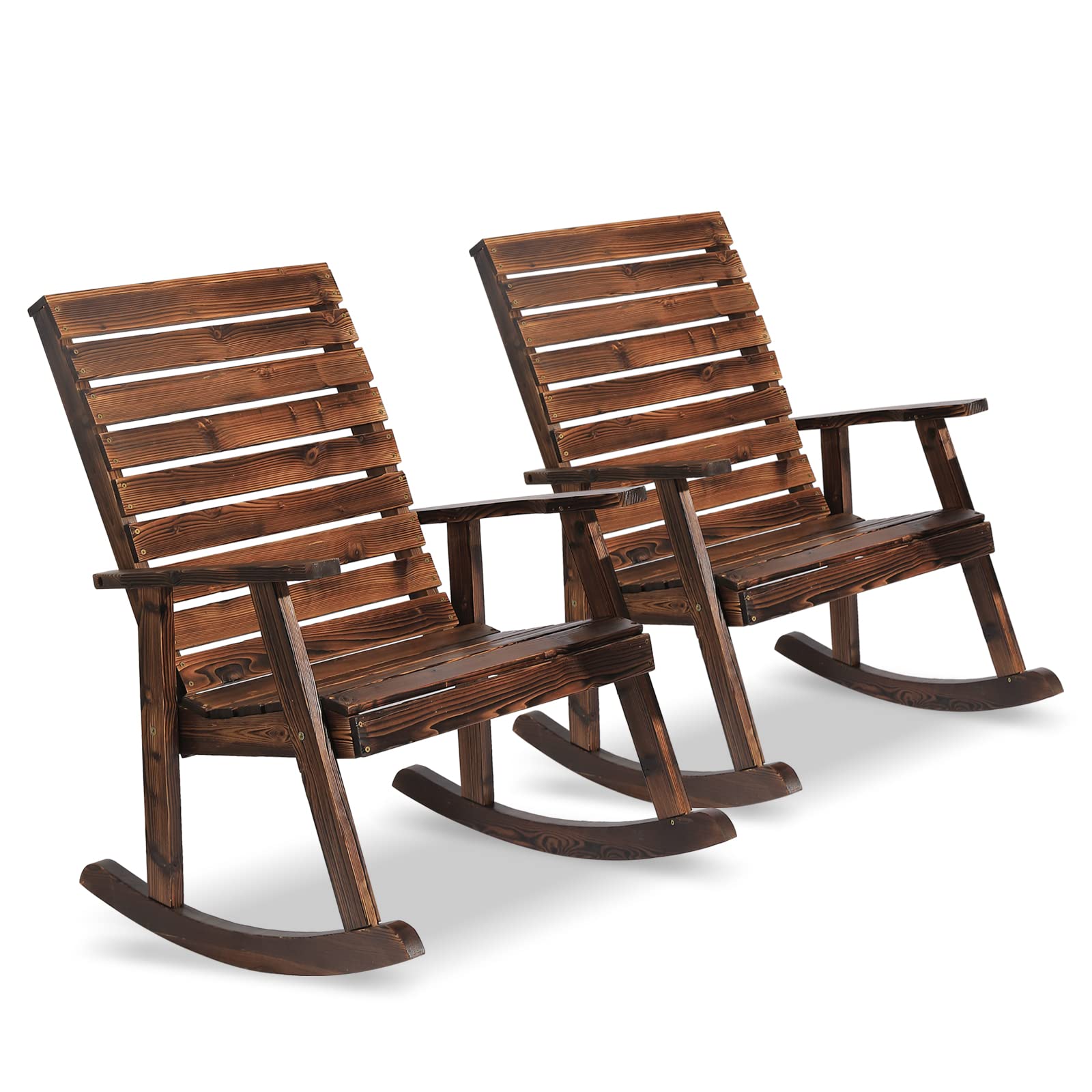 FURNDOOR Outdoor Rocking Chairs Set of 2, Patio Wood Rocker Chairs High Back 2PCS Rocking Chairs for Deck, Garden, Backyard, Porch