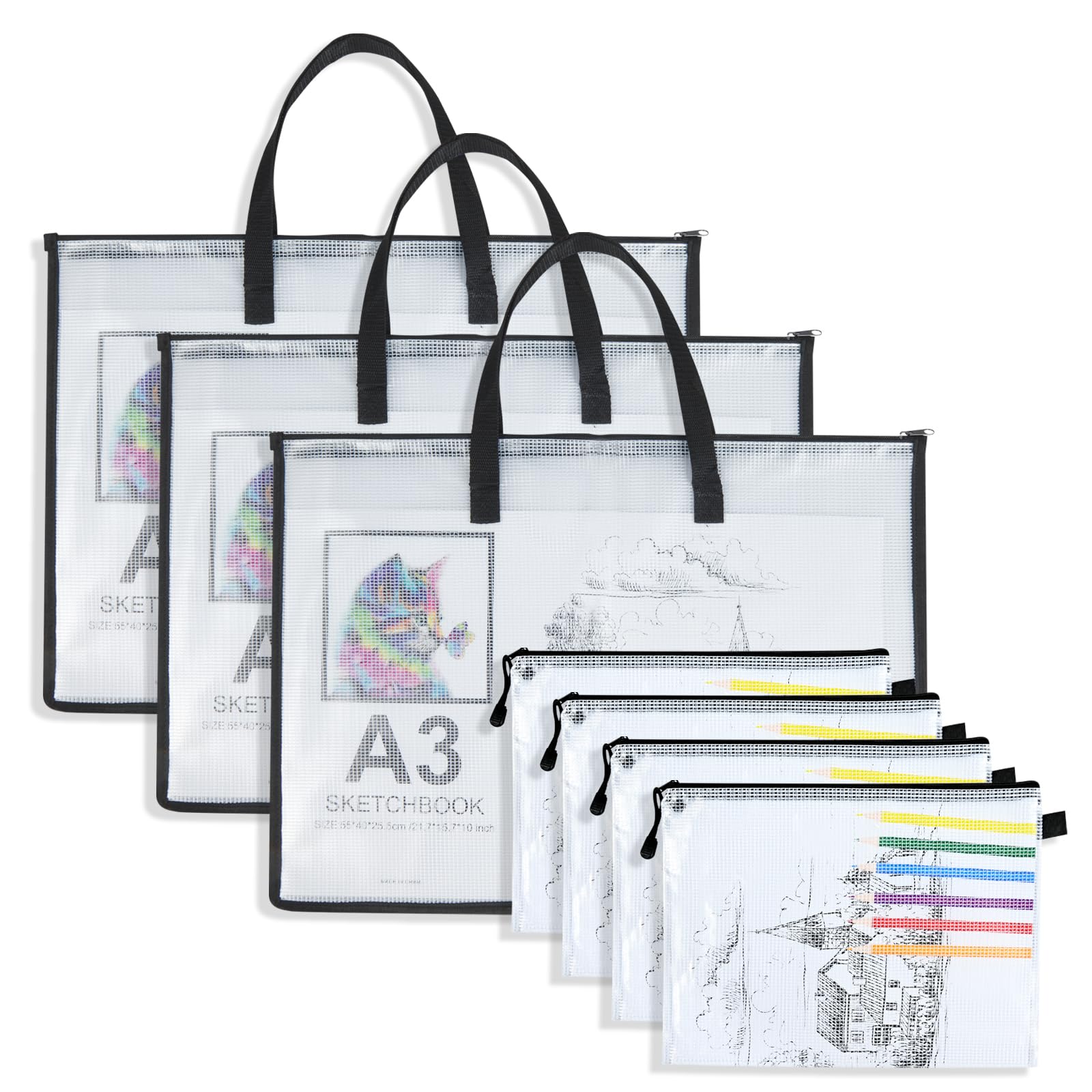 TOTiyea Art Portfolio Bag with Handle and Zipper Set, 15.75 x 21.65 Inches 3 Pcs & 9.25 x 12.6 Inches 4 Pcs, Large Clear Waterproof Poster Storage Bag for Artworks, Drawing Pads Supplies丨Multipurpose