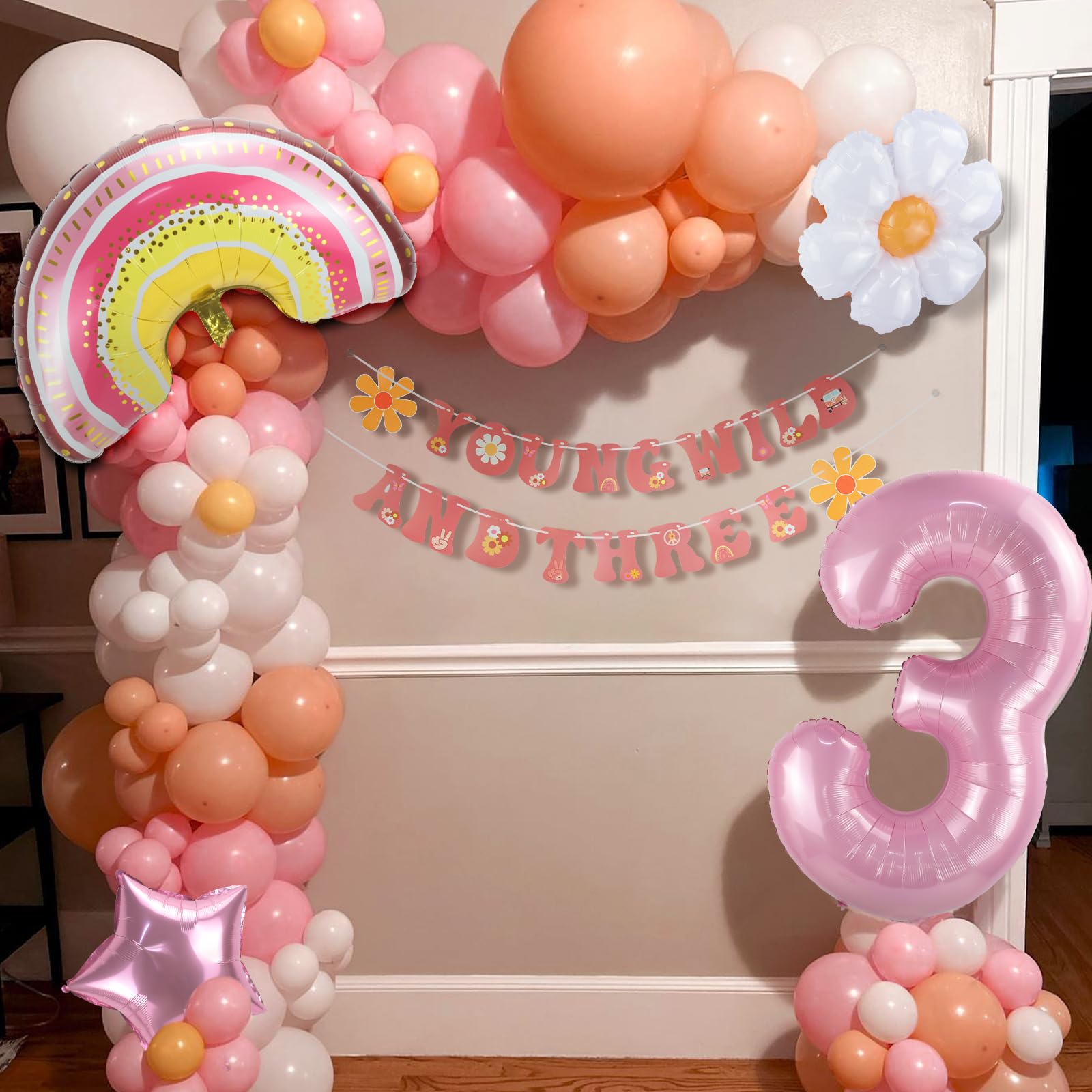 Young Wild and Three Decorations Girl Banner,3rd Birthday Party Decorations,Groovy Retro Hippie Boho Daisy Flower Rainbow And Pink Stars Foil Balloon For Birthday Party Supplies